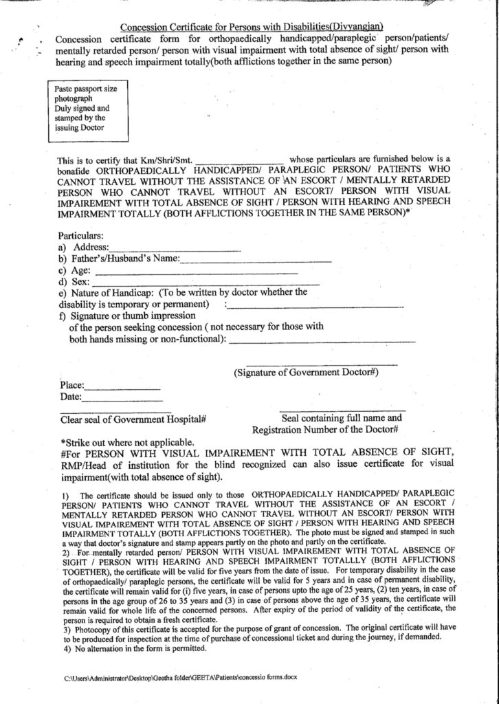 Railway Concession Form For Physically Handicapped 2023 pdf - IRCTC Portal